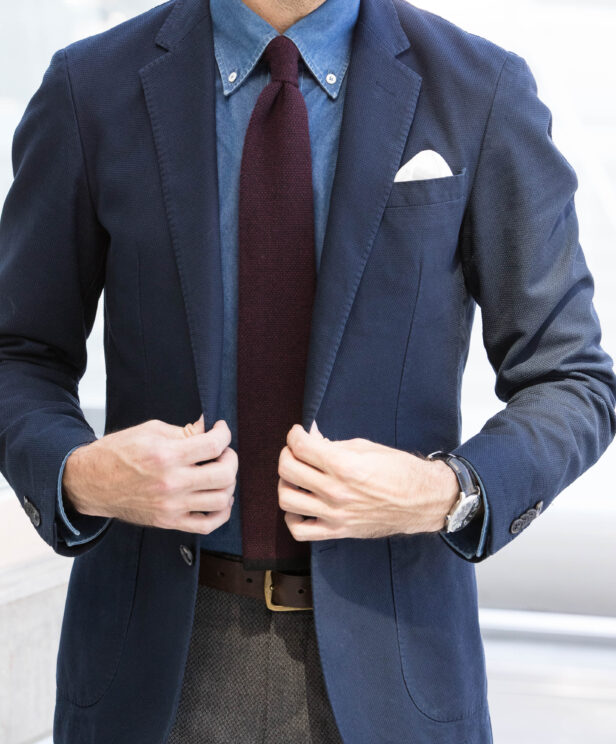 Navy Sport Coat with Denim Shirt and Burgundy Tie | He Spoke Style