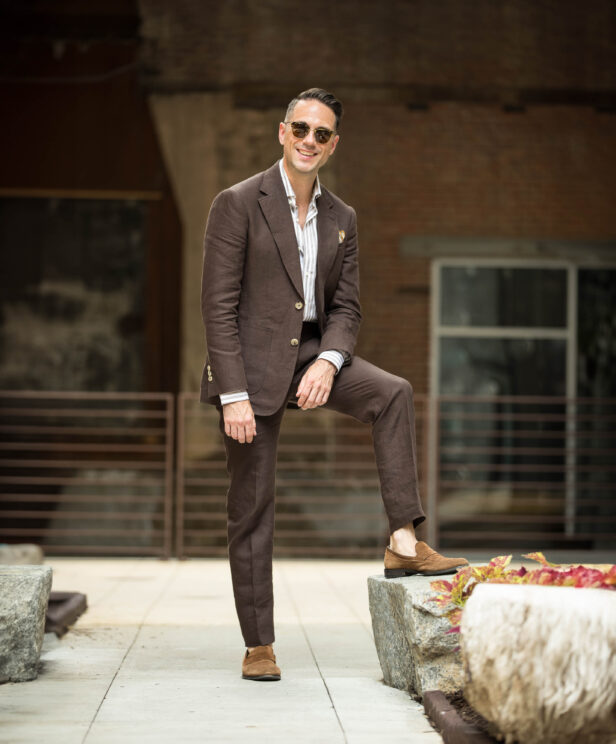 Brown Linen Suit with Suede Loafers | He Spoke Style