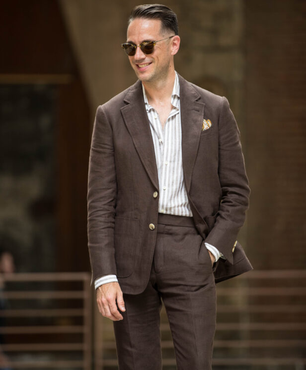 Brown Linen Suit with Suede Loafers | He Spoke Style