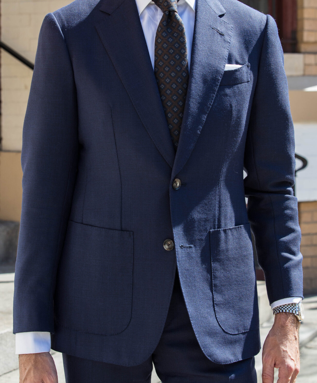 Navy Hopsack Suit with Brown Medallion Tie | He Spoke Style