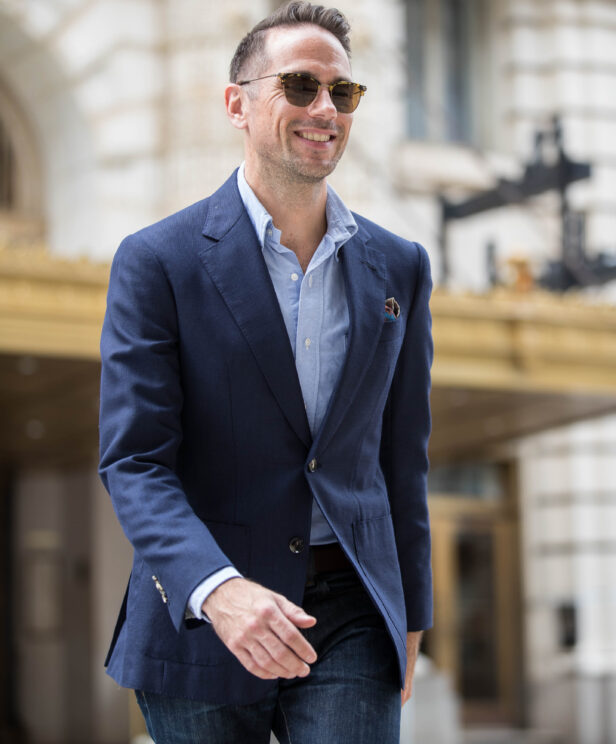 Navy Hopsack Sport Coat with Jeans and OCBD | He Spoke Style