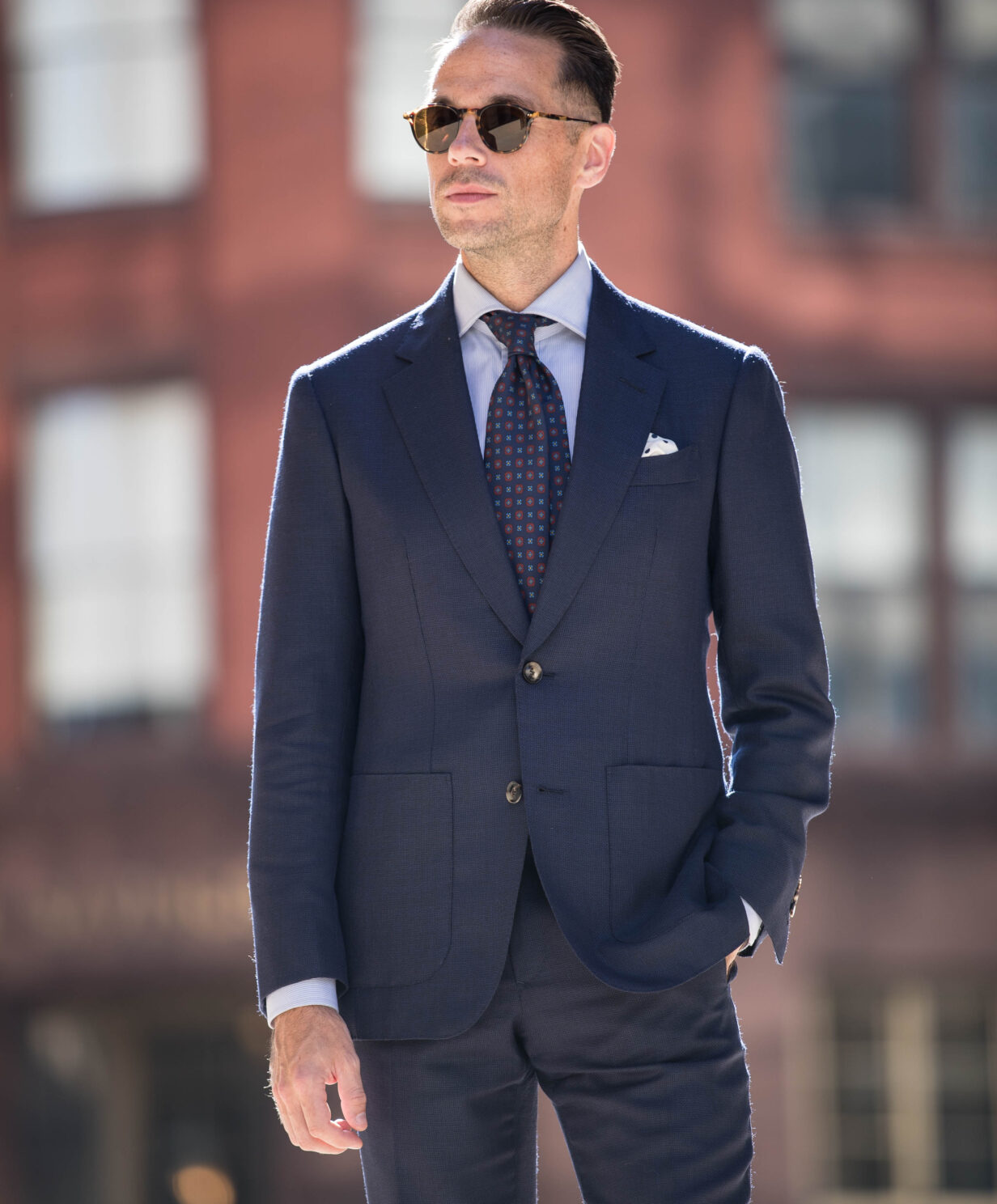 Navy Hopsack Suit with Blue Shirt and Loafers | He Spoke Style