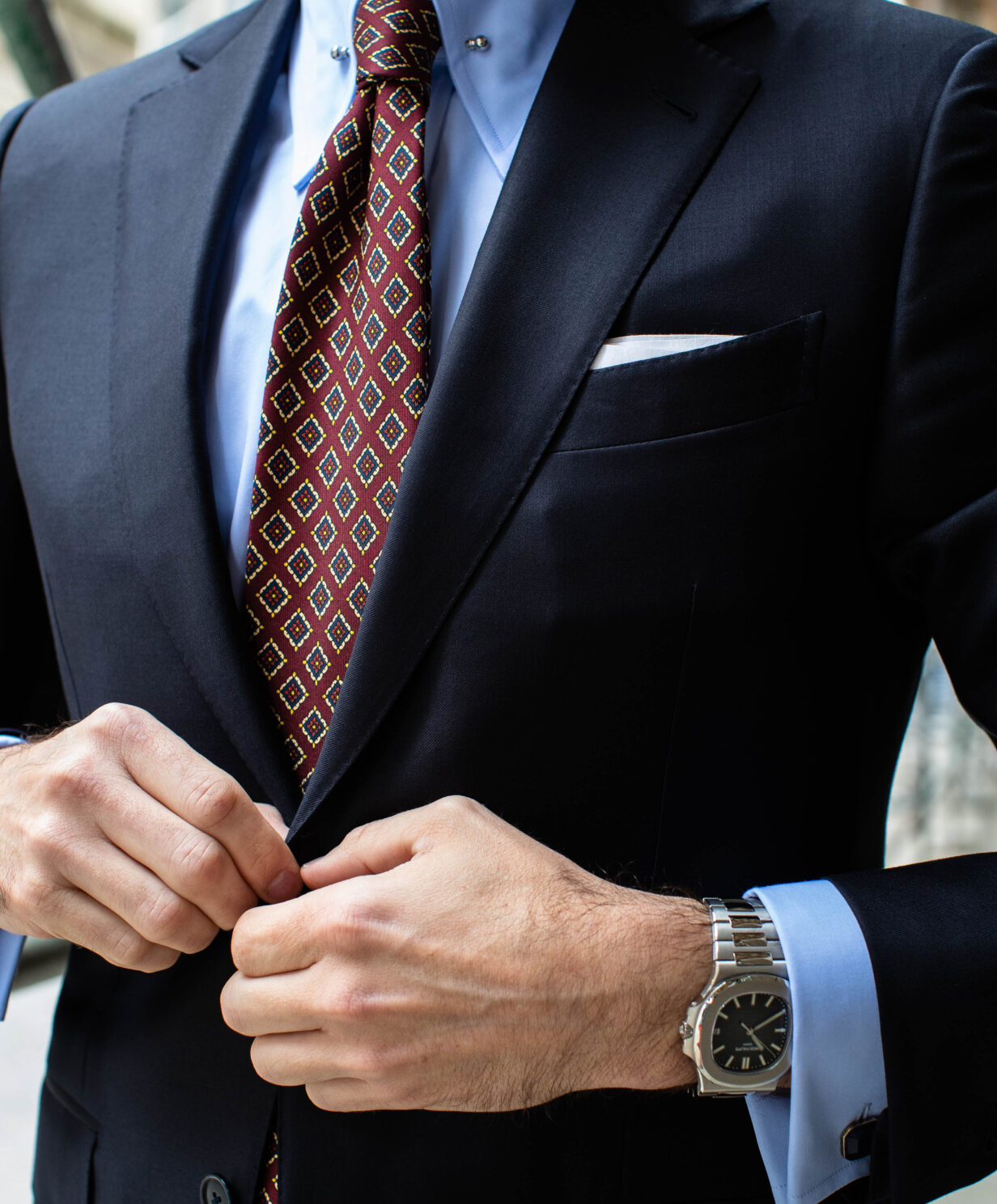 Dark Blue Suit with Red Medallion Tie | He Spoke Style