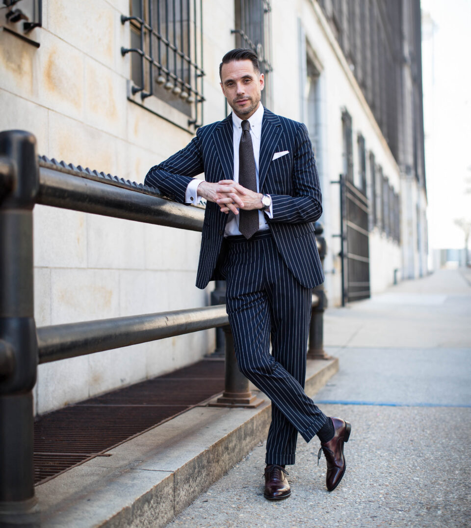 Navy Chalk Stripe Flannel Suit | He Spoke Style