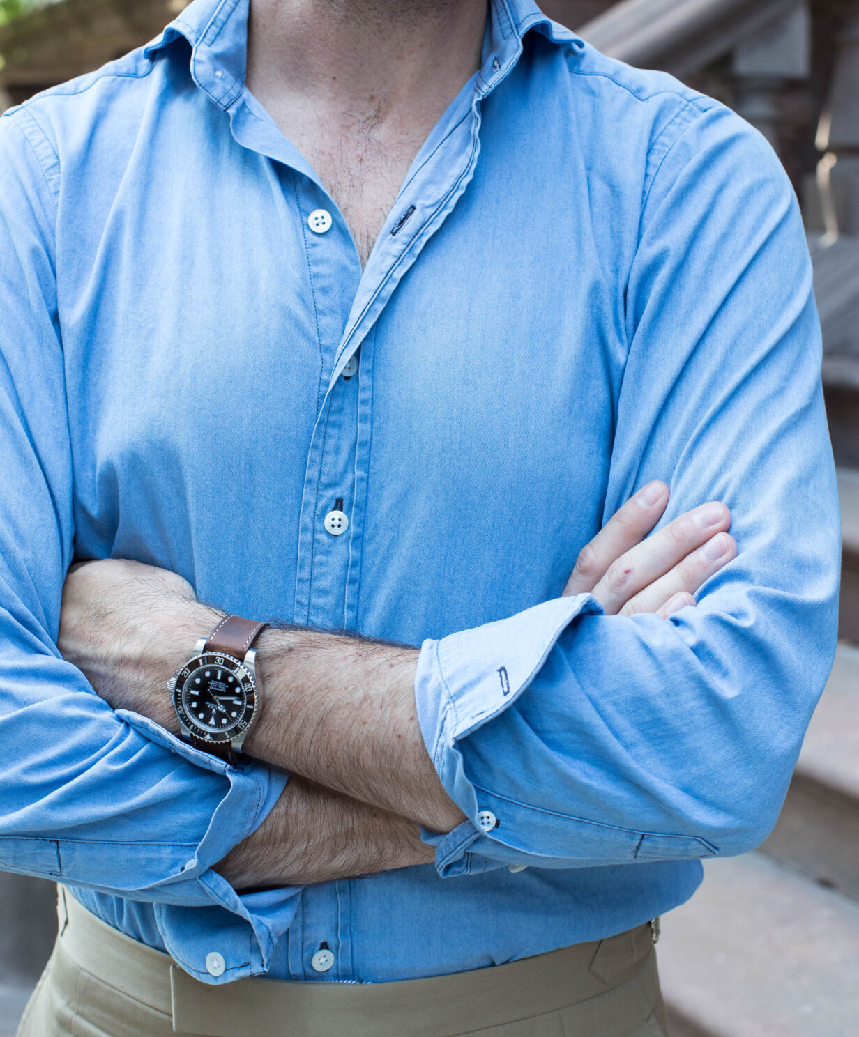 Denim Shirt with Khaki Chinos and Loafers | He Spoke Style