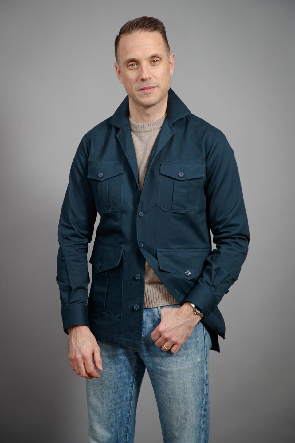 Navy Blue Heavy Duty Cotton Safari Shirt Jacket | He Spoke Style
