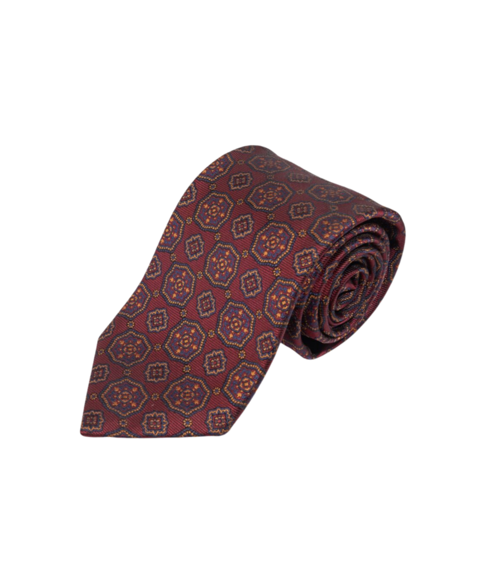 Maroon w/ Navy & Gold Medallion Silk Necktie | He Spoke Style
