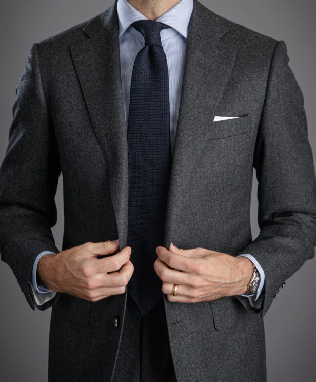 Gray Flannel Suit with Navy Grenadine Tie | He Spoke Style