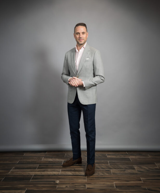 Light Gray Sport Coat with Pink Shirt and Navy Pants | He Spoke Style