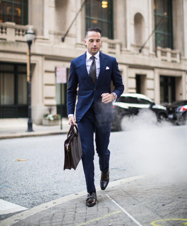 Navy Blue Hopsack Suit with Brown Medallion Tie | He Spoke Style