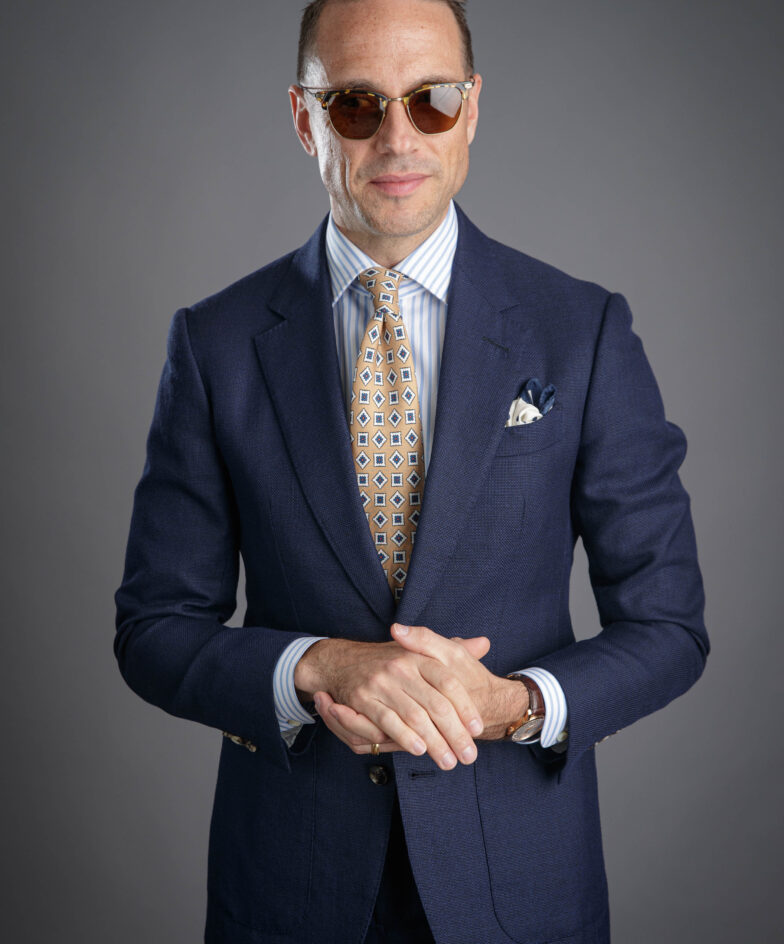 Navy Hopsack Suit with Striped Shirt | He Spoke Style