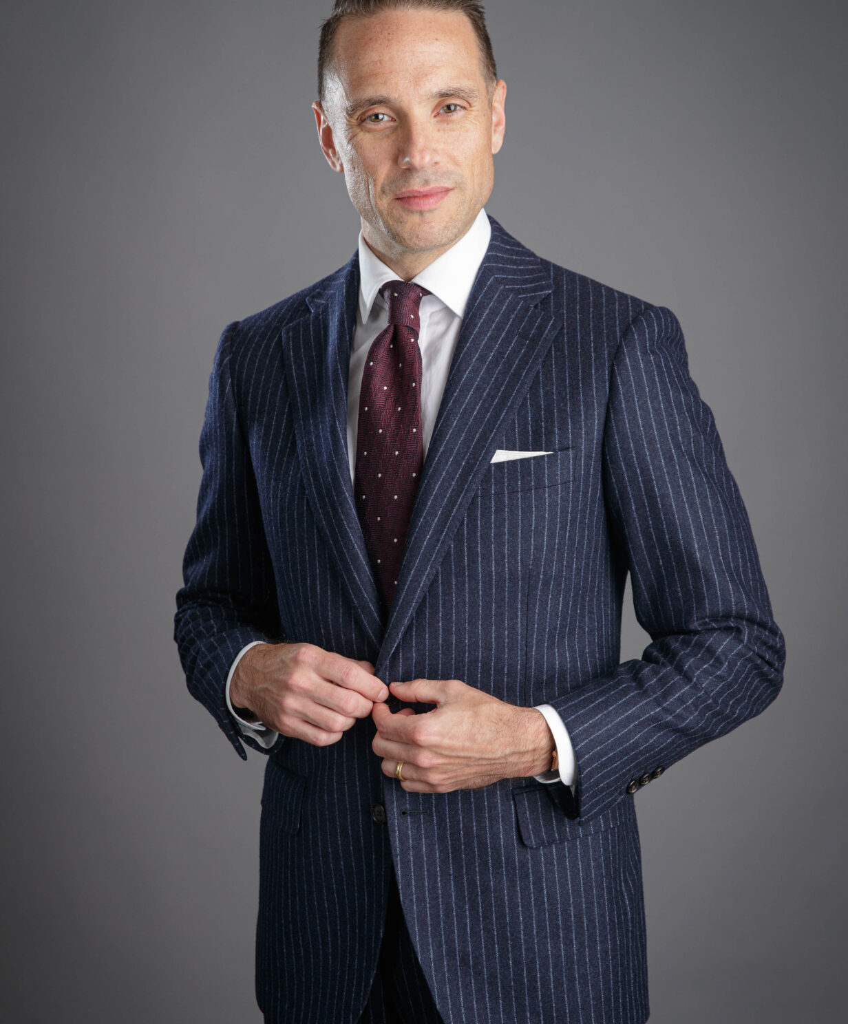 Navy Chalk Stripe Flannel Suit with Burgundy Dot Tie | He Spoke Style