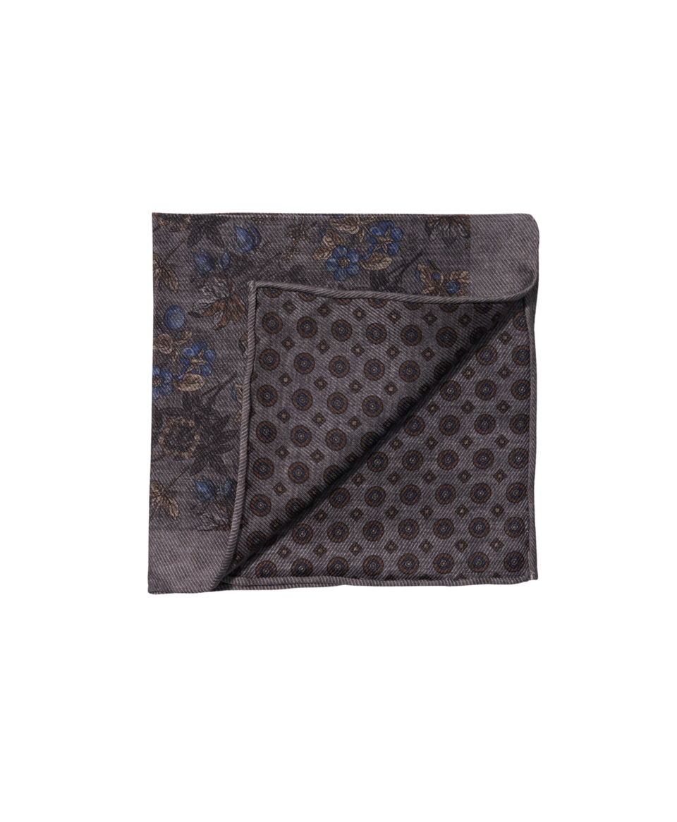 Grey, Blue & Tan Floral & Large Medallion Double Sided Pocket Square ...