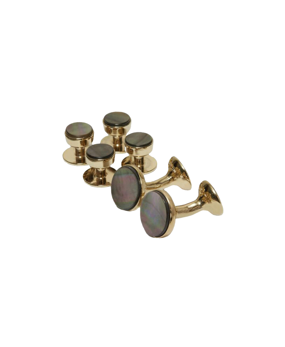 Smokey Mother Of Pearl Stud And Cufflink Set (Yellow Gold) | He Spoke Style