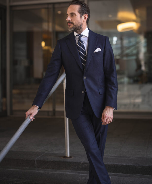Navy Blue Flannel Suit with Contrast Collar Shirt | He Spoke Style