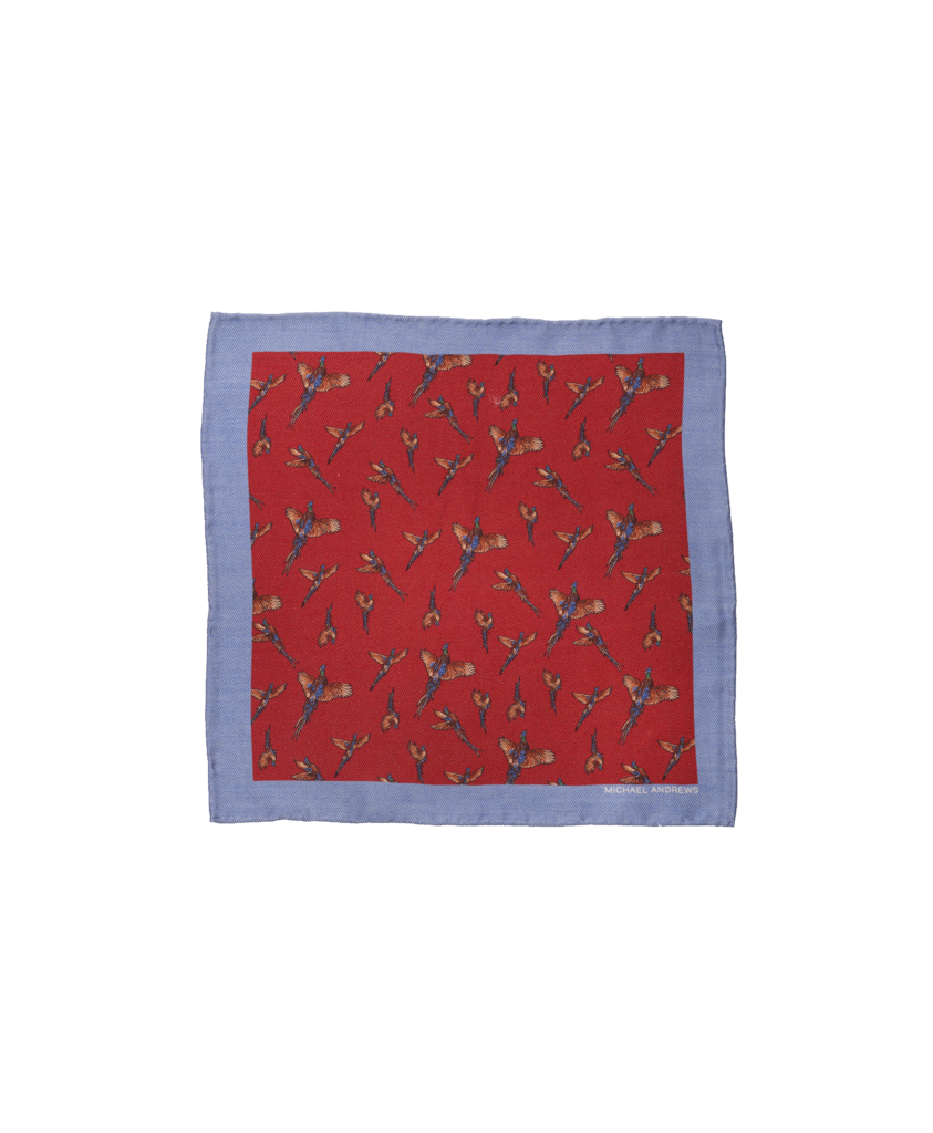 Red, Tan & Blue Pheasant Pocket Square | He Spoke Style