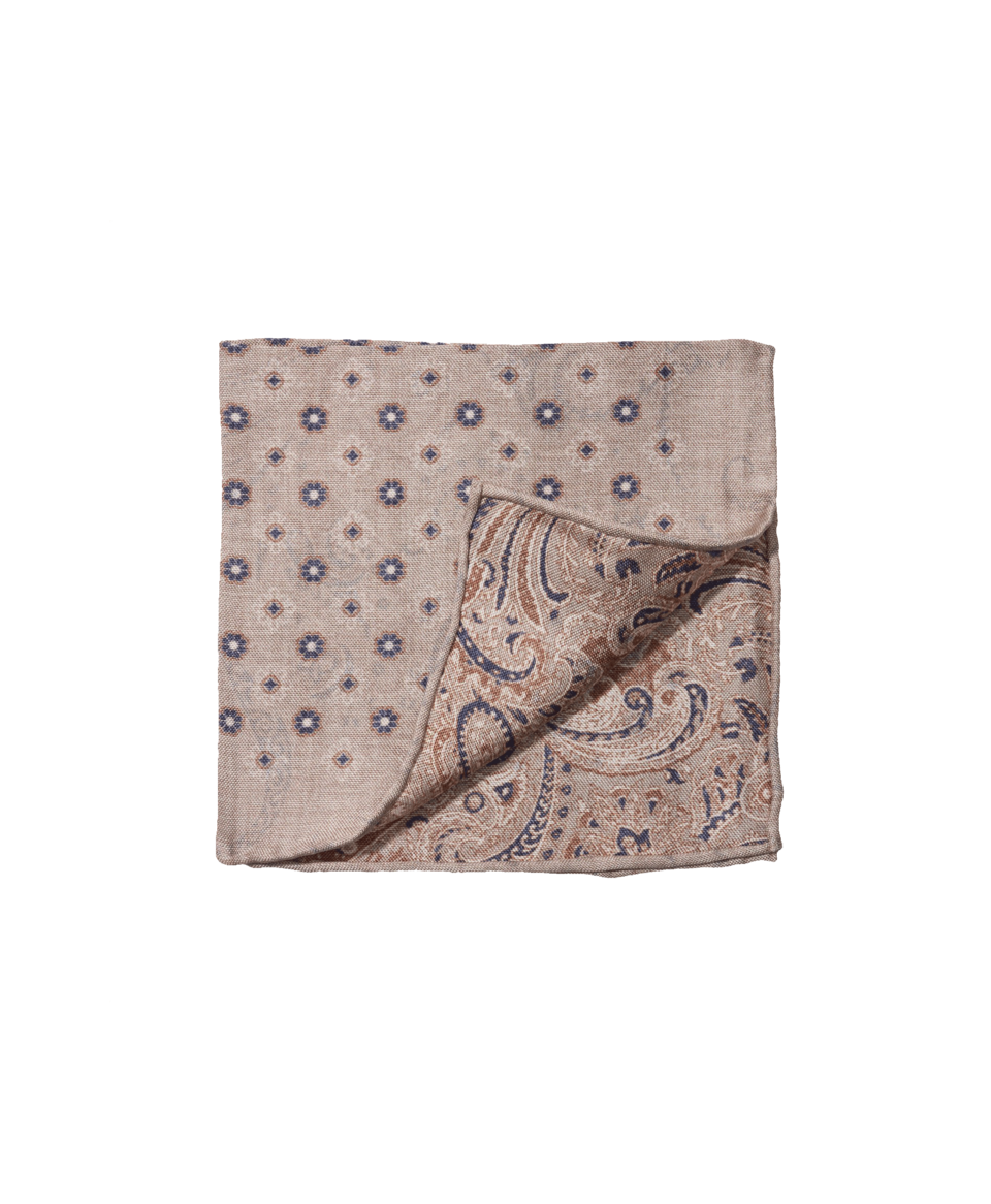 Tan, Blue & Ivory Floral and Paisley Double Sided Pocket Square | He ...
