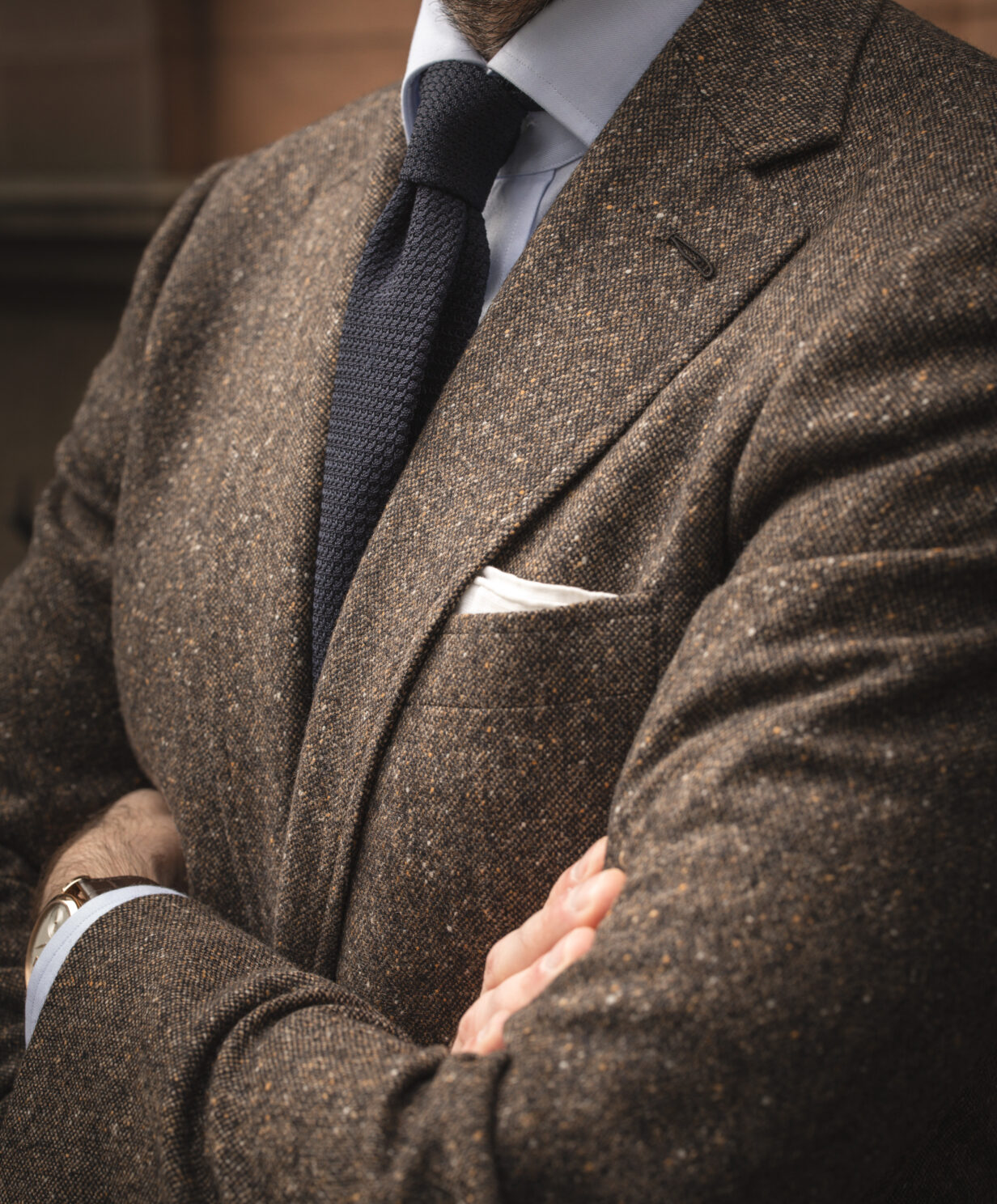 Dark Brown Tweed Suit With Blue Shirt And Tie | He Spoke Style