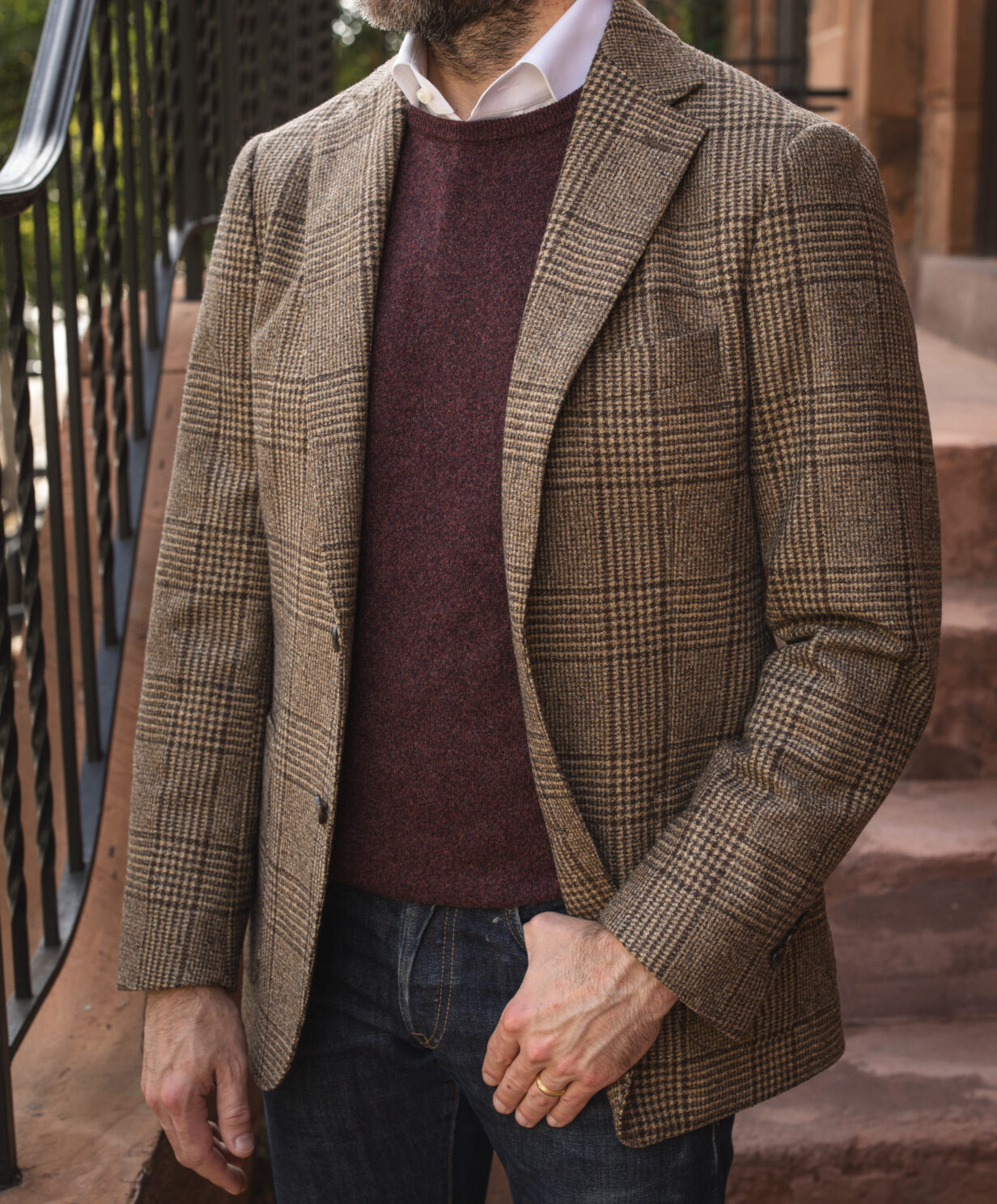 Brown Plaid Sport Coat with Burgundy Sweater and Jeans | He Spoke Style