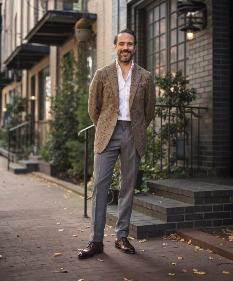 Glen Plaid Sport Coat with White Shirt and Gray Pants | He Spoke Style