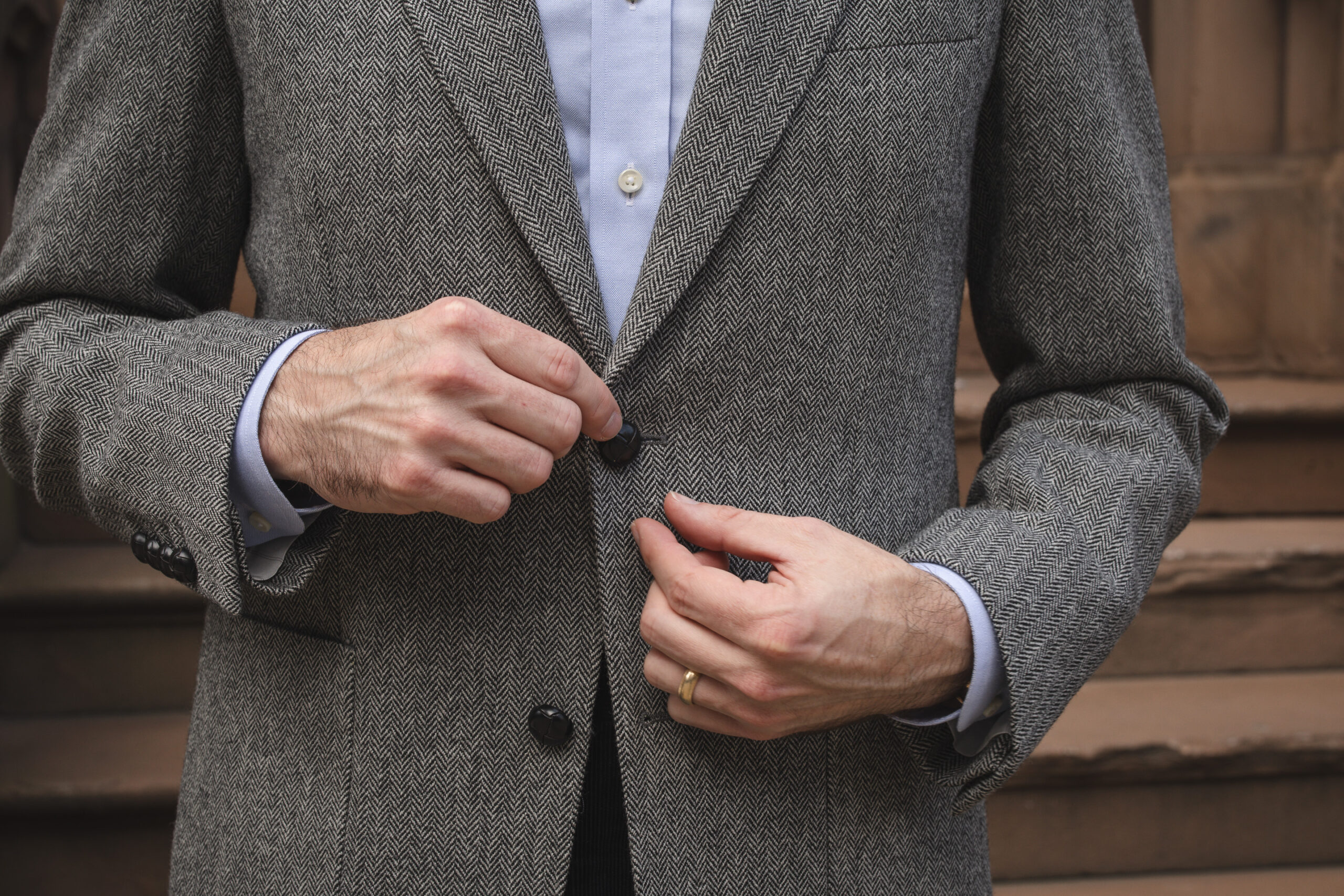 gray-tweed-blazer-with-leather-buttons | He Spoke Style