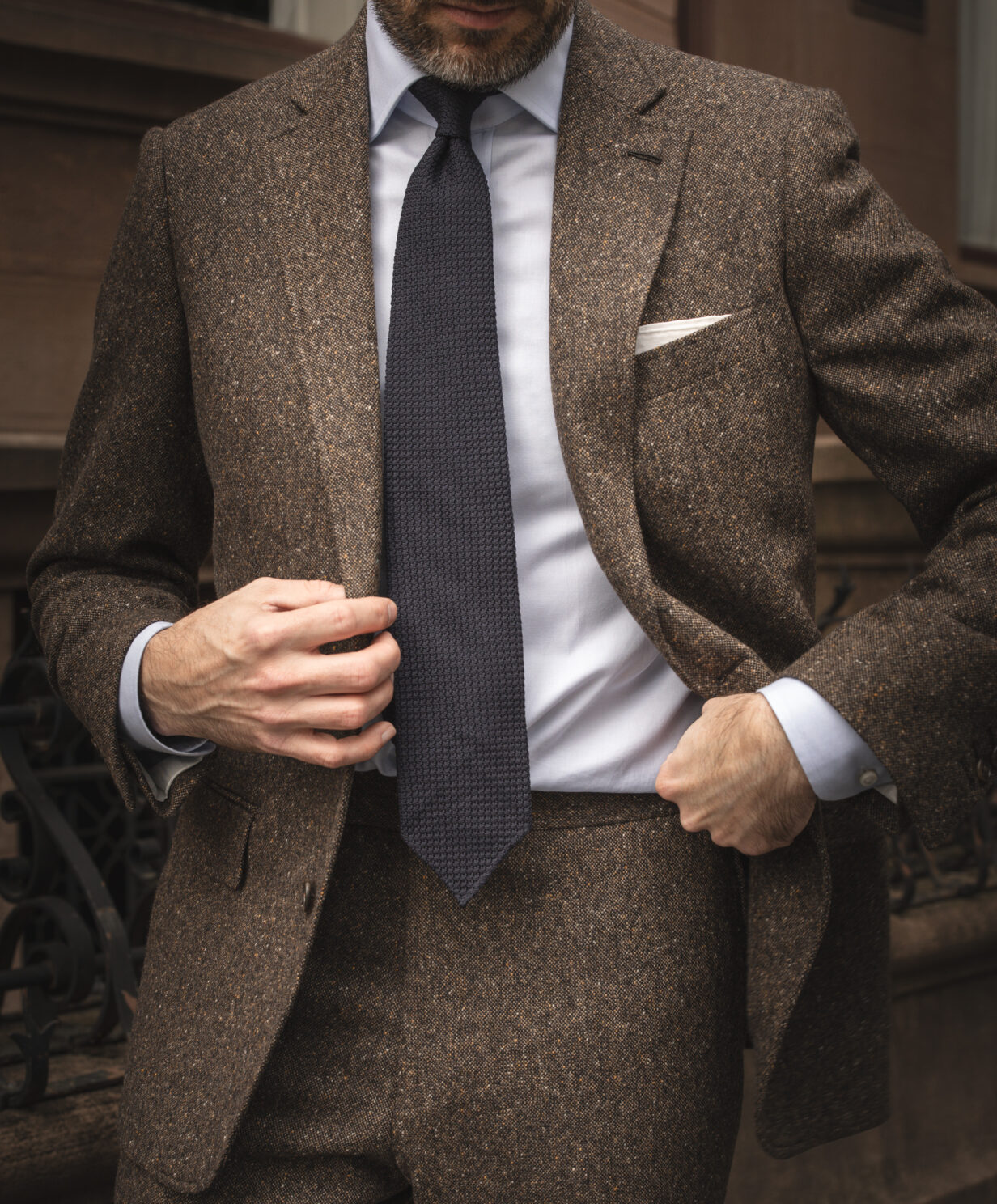 Dark Brown Tweed Suit With Blue Shirt And Tie | He Spoke Style
