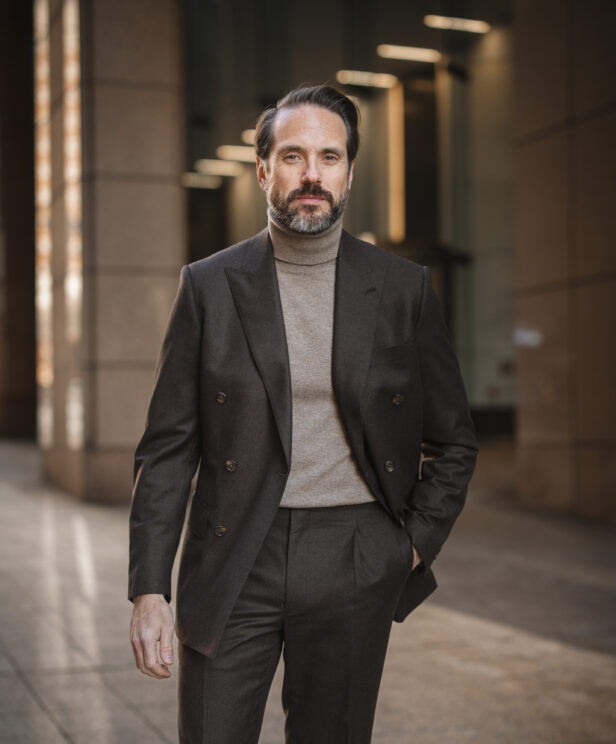 Brown Double-Breasted Suit With Tan Turtleneck | He Spoke Style