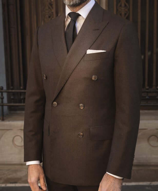 Brown Double-Breasted Suit With Black Tie | He Spoke Style