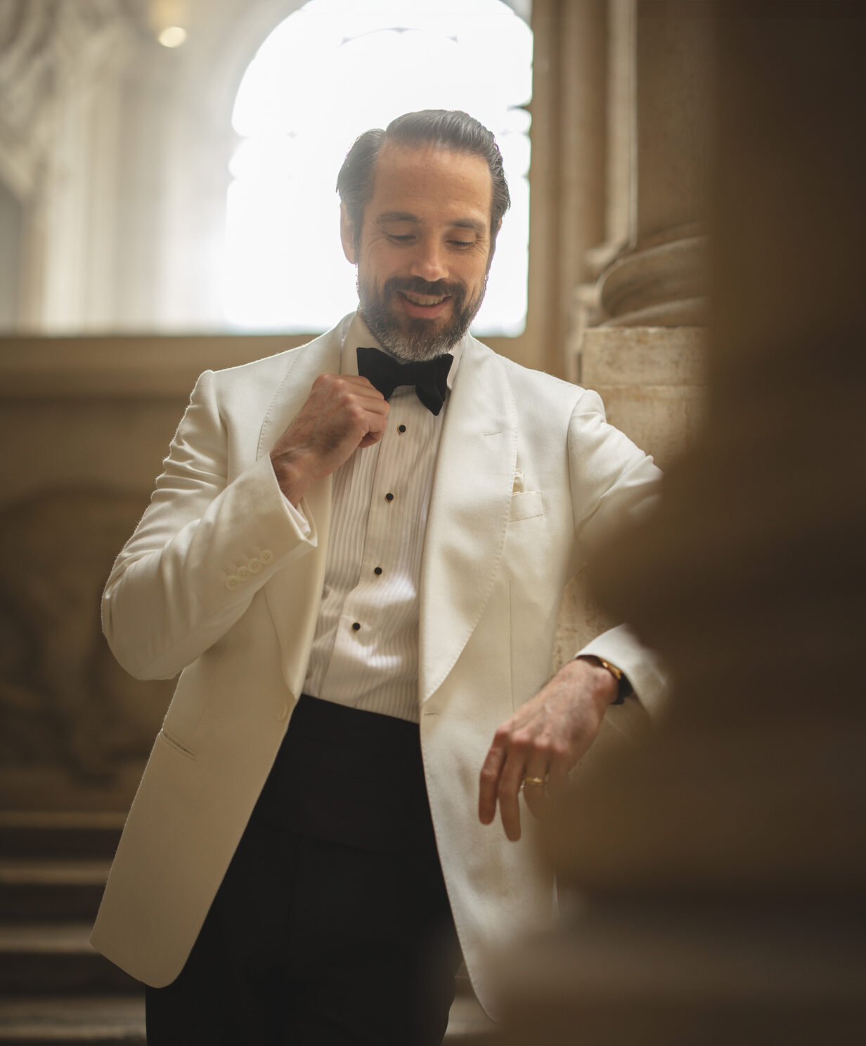 Off-White Dinner Jacket With Bow Tie Formal Outfit Idea | He Spoke Style