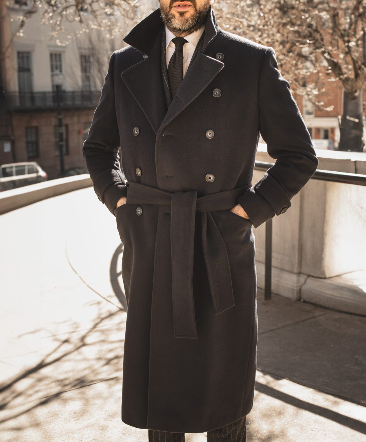 Navy Blue Belted Greatcoat Winter Outfit Idea | He Spoke Style