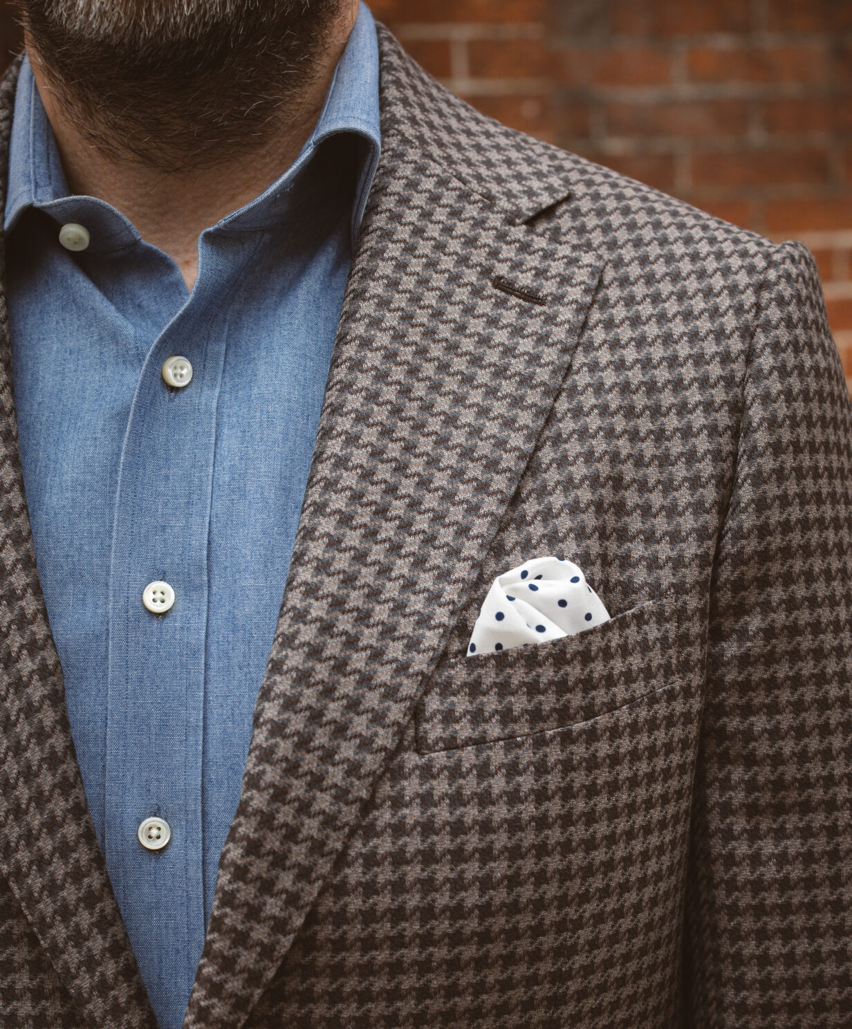 Brown & Gray Houndstooth Sport Coat With Denim Shirt | He Spoke Style
