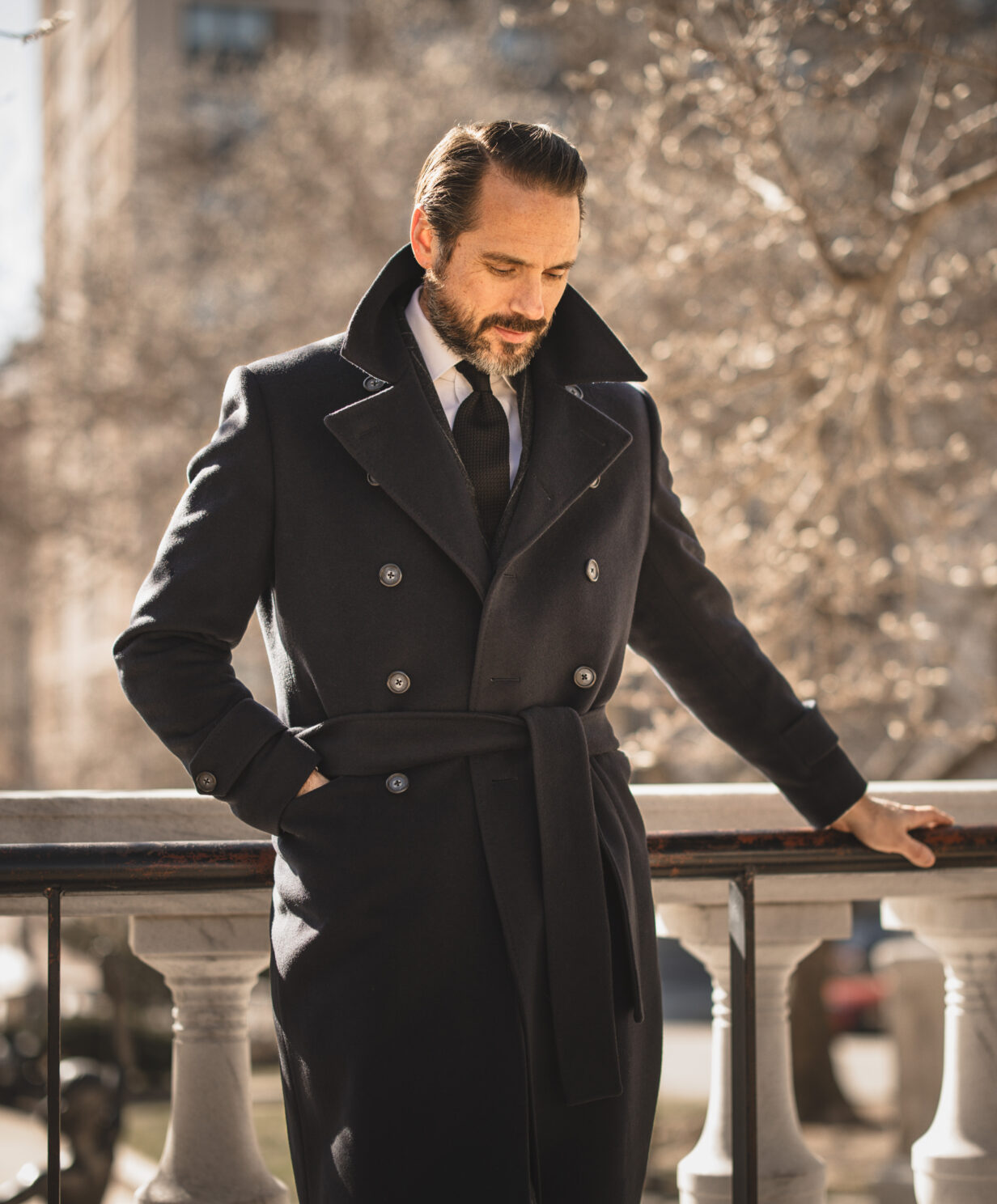 Navy Blue Belted Greatcoat Winter Outfit Idea | He Spoke Style