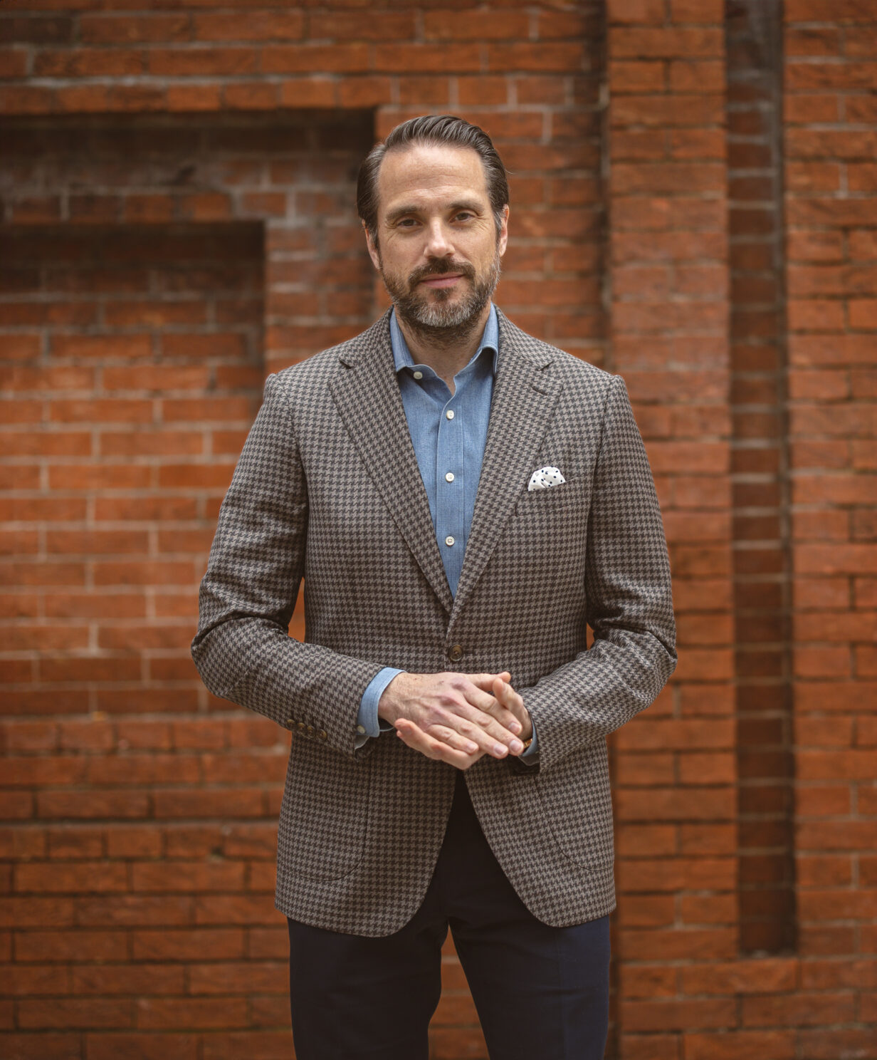 Brown & Gray Houndstooth Sport Coat With Denim Shirt | He Spoke Style