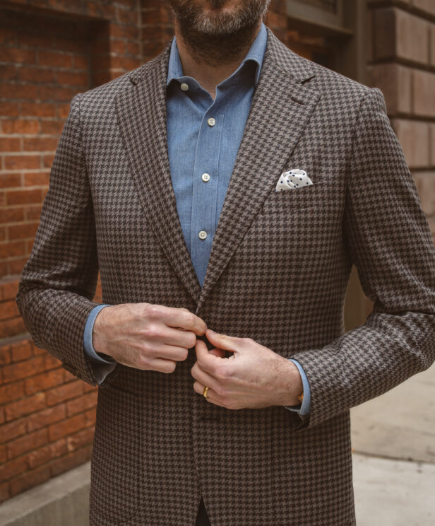 Brown & Gray Houndstooth Sport Coat With Denim Shirt | He Spoke Style
