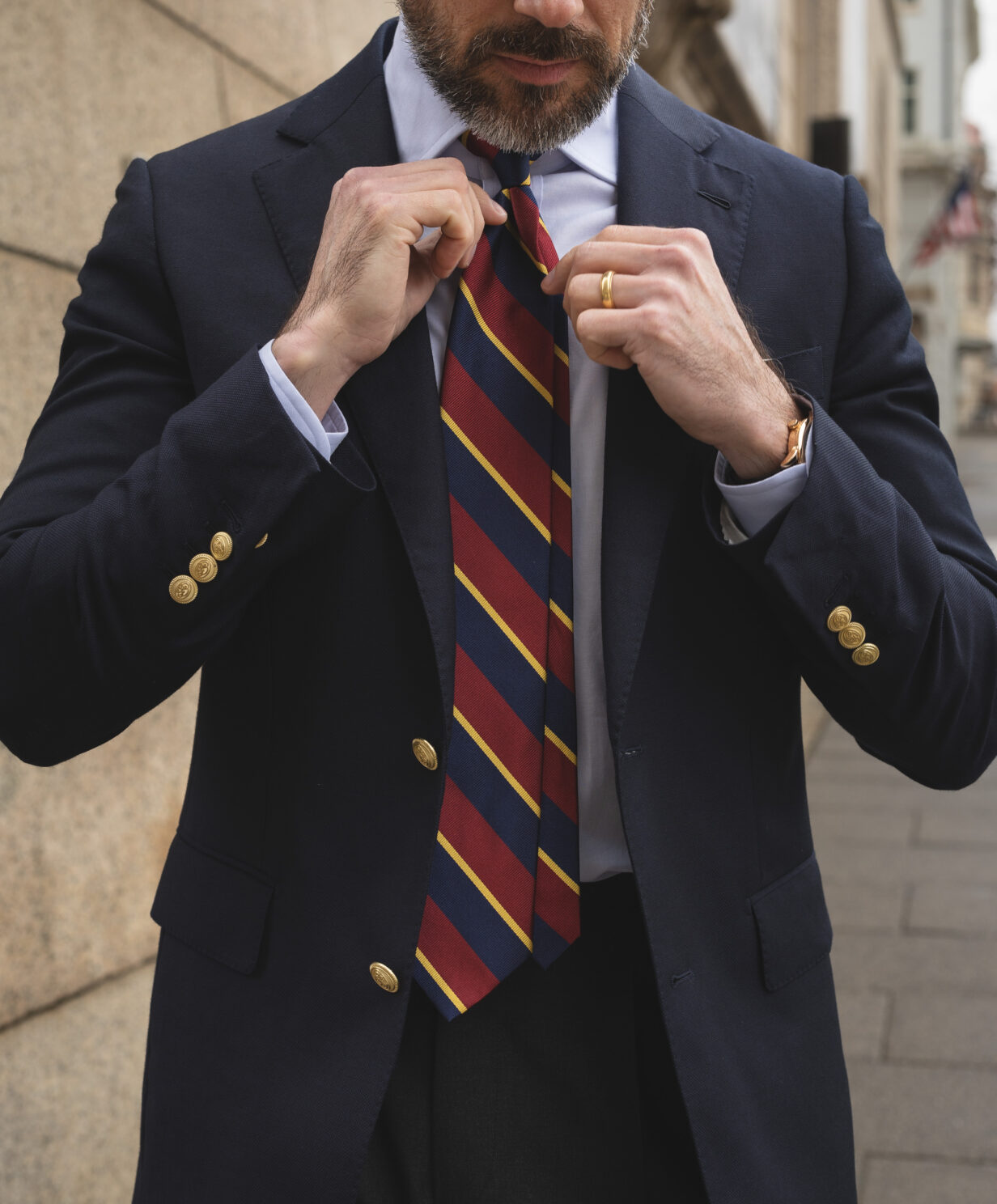 Classic Menswear Uniform With Regimental Tie And Loafers | He Spoke Style
