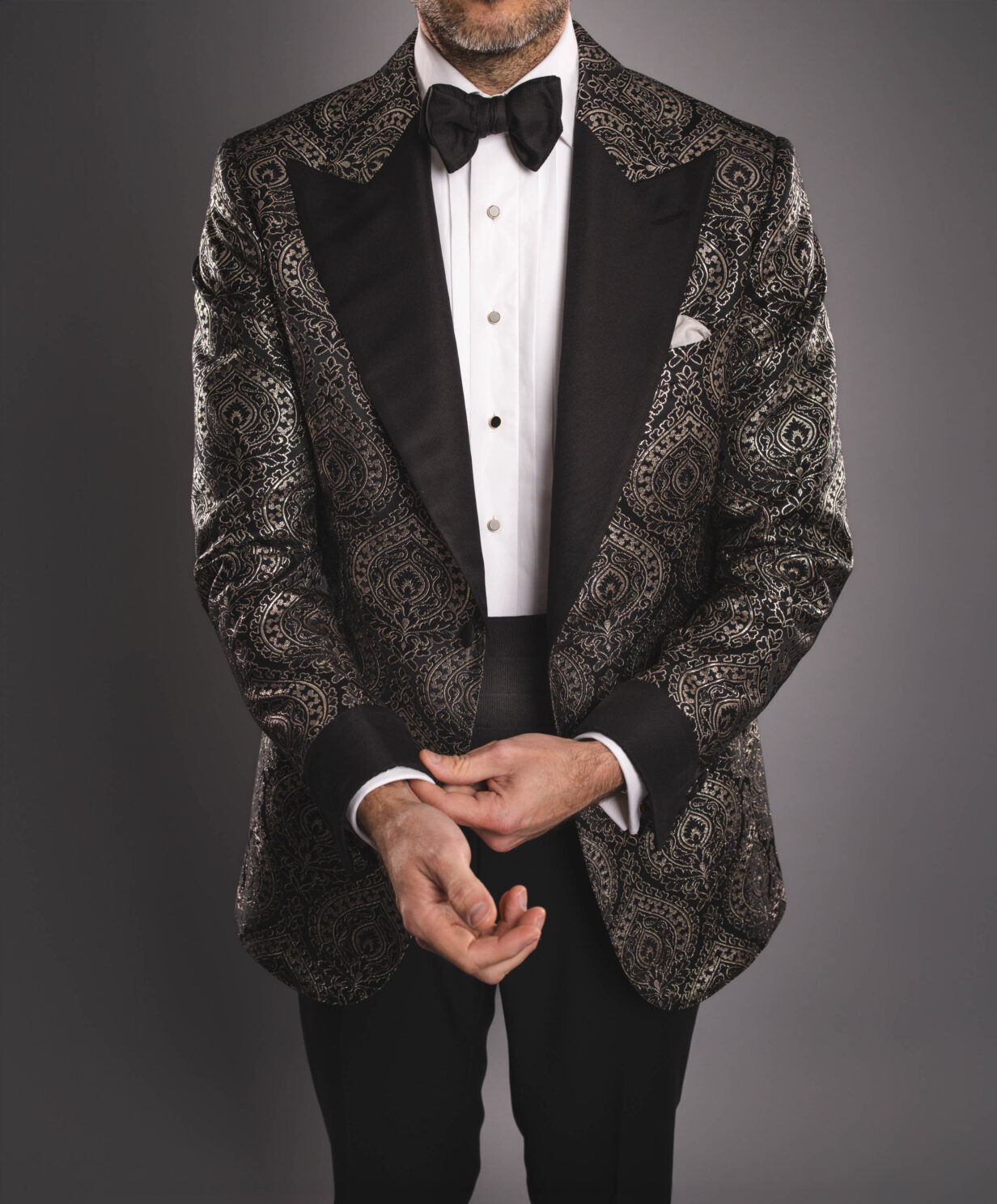 Black & Gold Jacquard Dinner Jacket Formal Outfit Idea | He Spoke Style