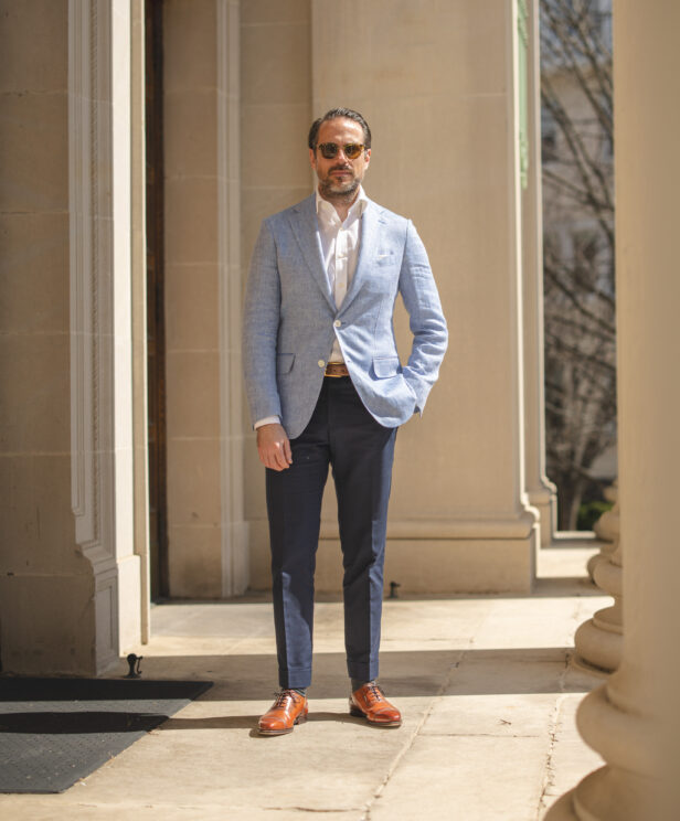 Light Blue Sport Coat With White Shirt & Blue Pants | He Spoke Style