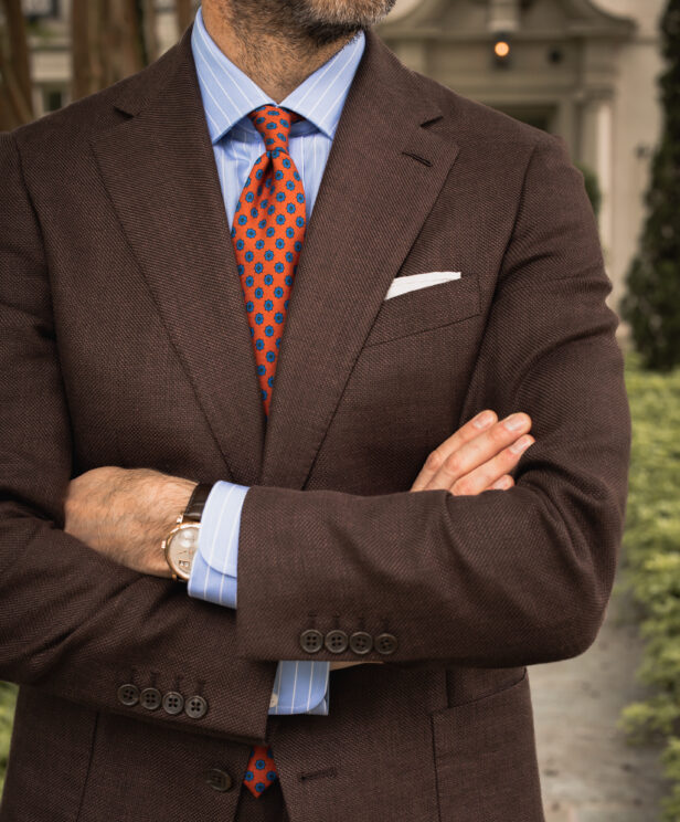 Rust Brown Suit With Orange Tie Summer Outfit Idea | He Spoke Style