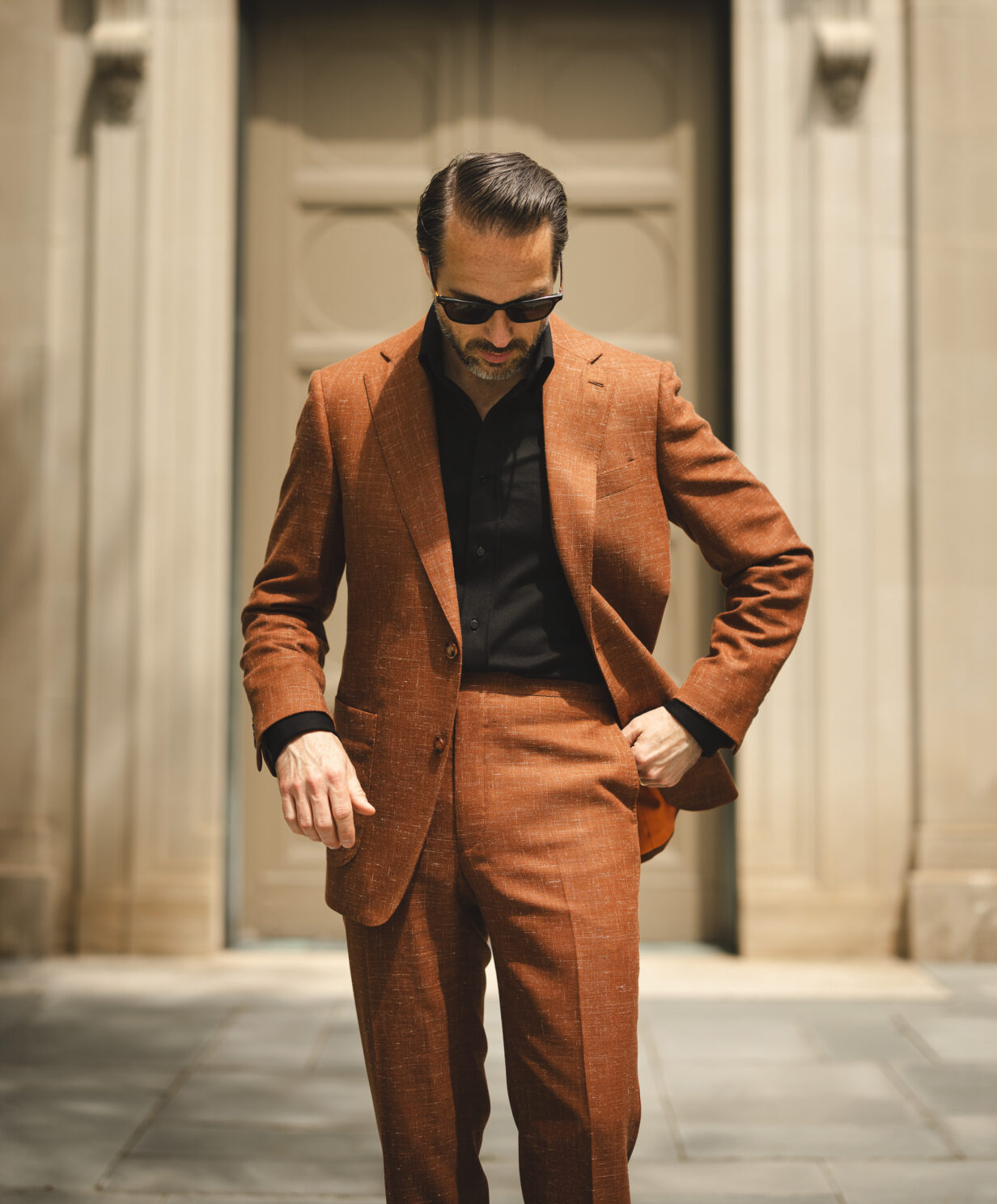 Terracotta Suit With Black Shirt Summer Outfit Idea | He Spoke Style