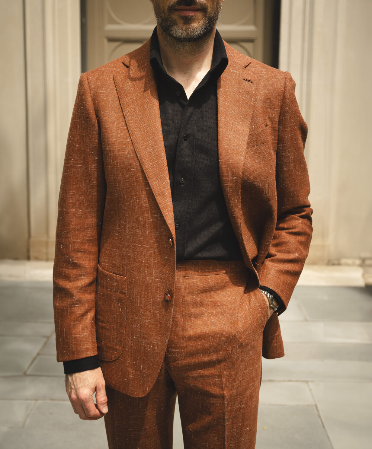 Terracotta Suit With Black Shirt Summer Outfit Idea | He Spoke Style