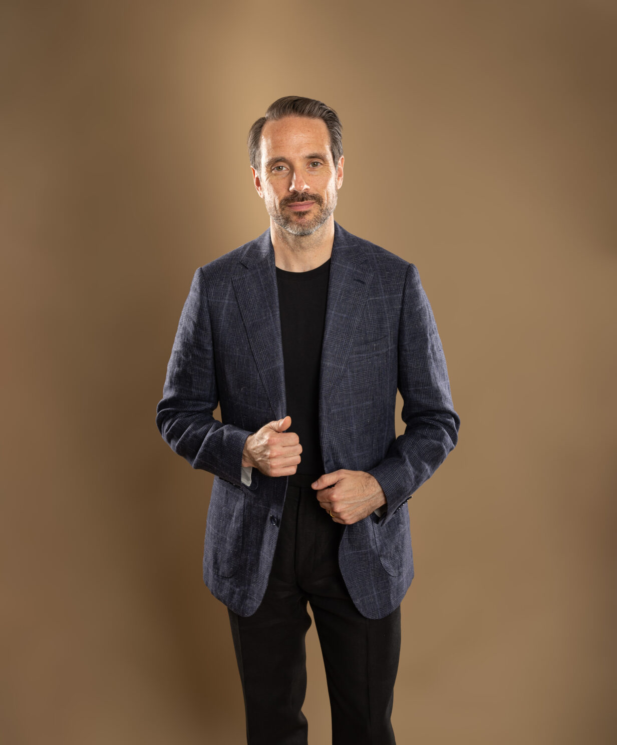 Blue Plaid Blazer With Black T-Shirt & Pants Outfit Idea | He Spoke Style