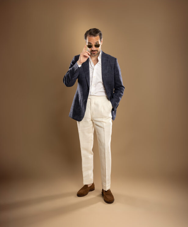 Blue Plaid Blazer With Linen Pants Summer Outfit Idea | He Spoke Style
