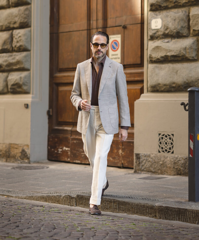 Houndstooth Sport Coat With Brown Shirt & Cream Pants | He Spoke Style