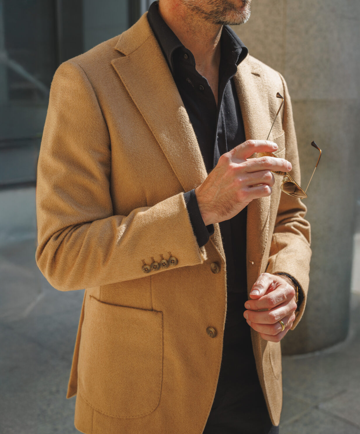 Camel Sport Coat With Black Shirt And Pants | He Spoke Style