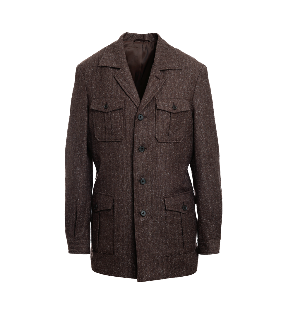 Brown Flannel Herringbone Safari Jacket | He Spoke Style
